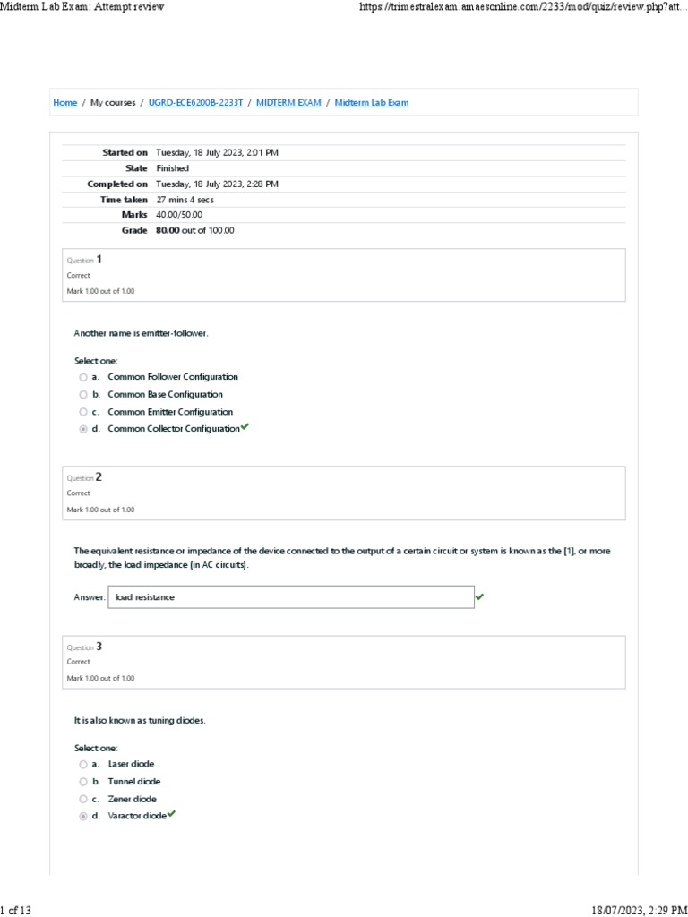 Electronic Circuit Midterm Lab Exam 80 Pdf