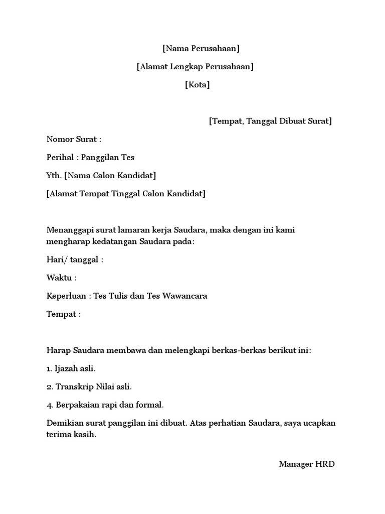 Contoh Surat Panggilan Interview Kerja | PDF Contoh Surat Panggilan Interview Kerja | PDF