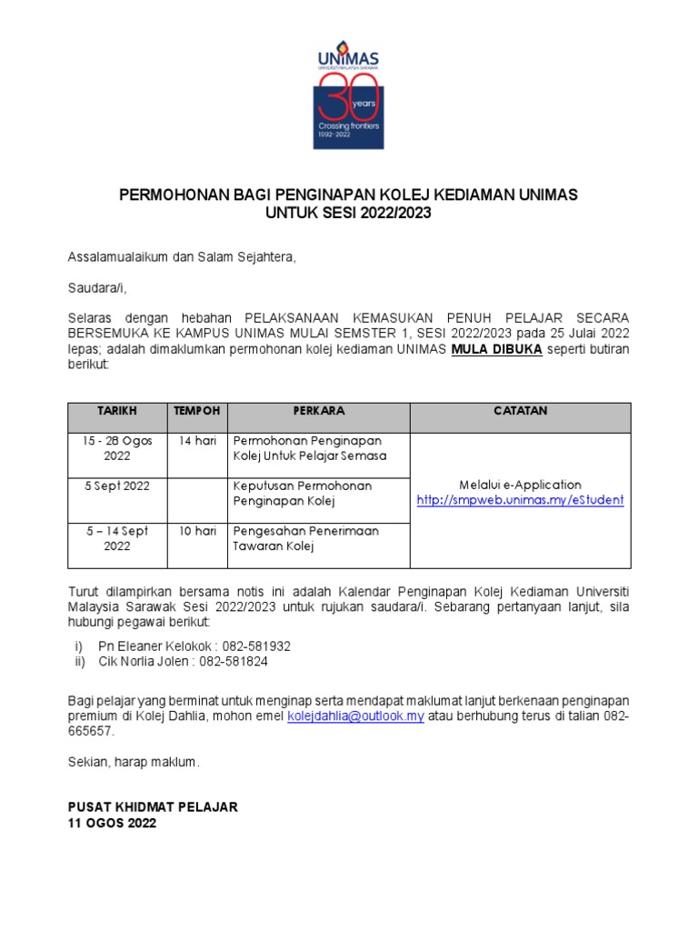 Notis Permohonan Kolej Kediaman Sesi 2022-2023 | PDF