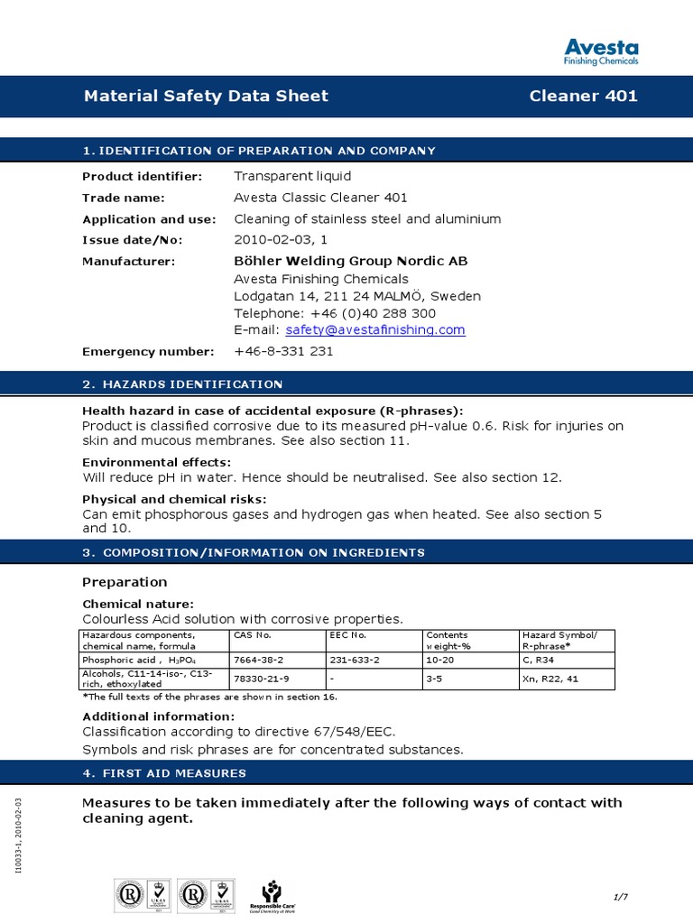 Sds 401 en | PDF | Water | Personal Protective Equipment