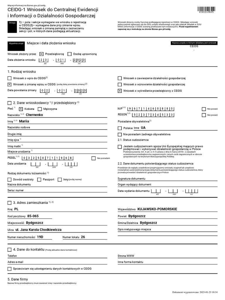CEIDG-1 Wniosek Do Centralnej Ewidencji I Informacji o Działalności ...