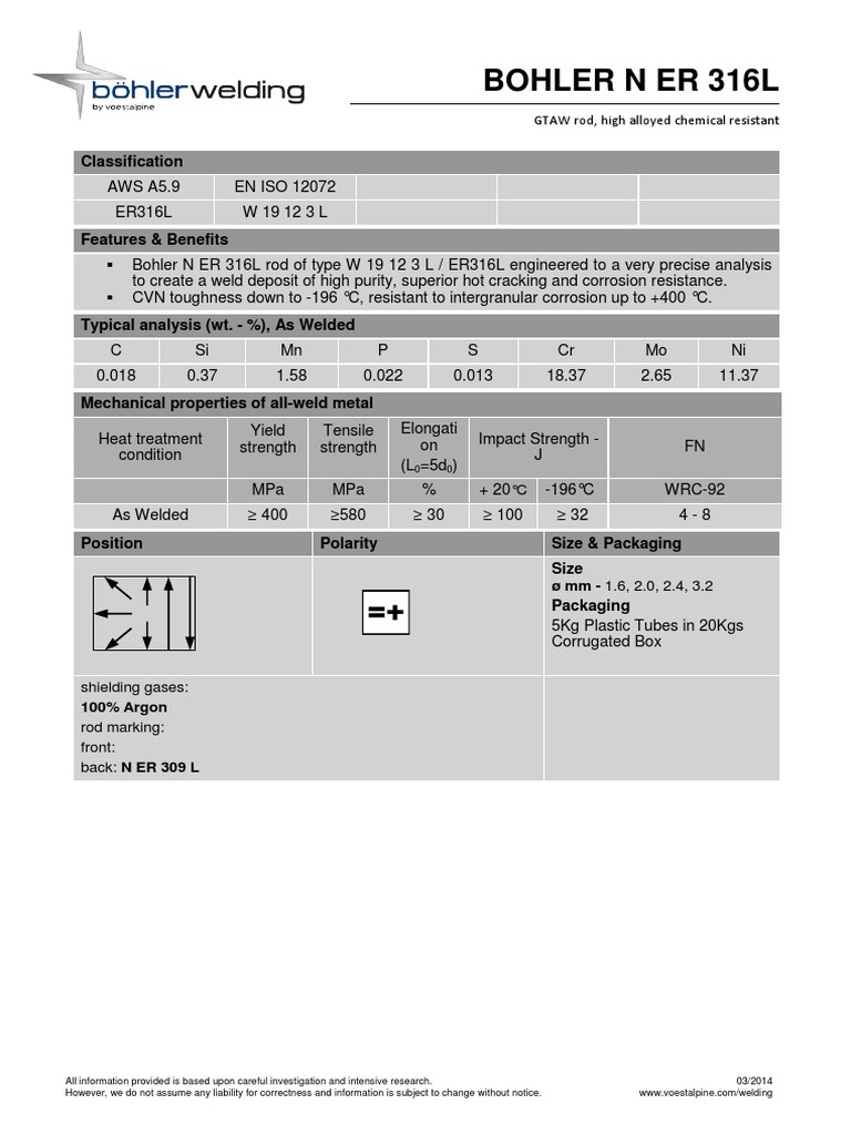 PDS Bohler N ER 316 L | PDF | Construction | Welding
