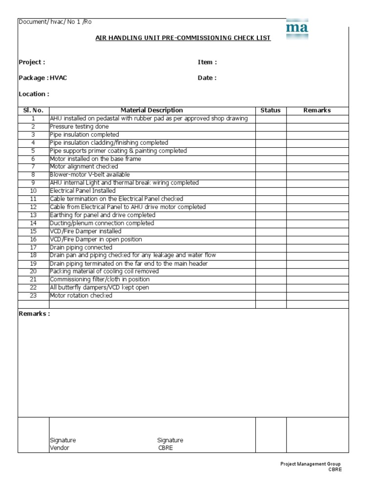 Ahu Pre Commissioning Check List Pdf Duct Flow Pipe Fluid