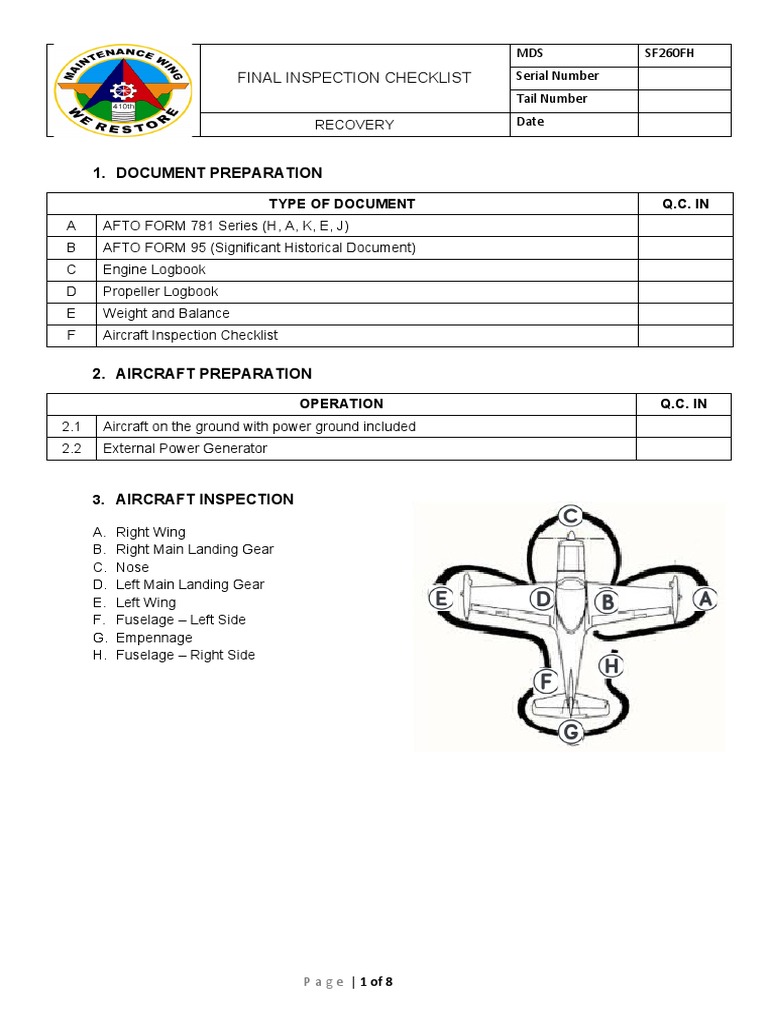 Final Inspection Plan - SF260FH | PDF | Landing Gear | Aircraft
