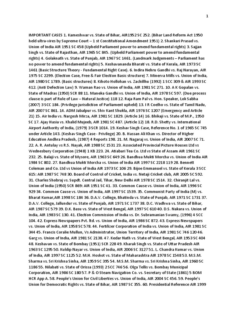 Key Indian Polity Court Cases | PDF | Government Of India | Government