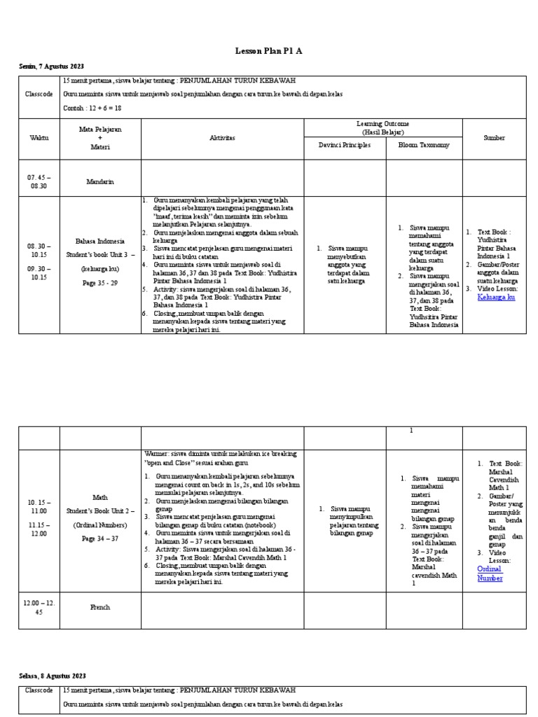 Lesson Plan P1 A (7th - 11 Agt) | PDF