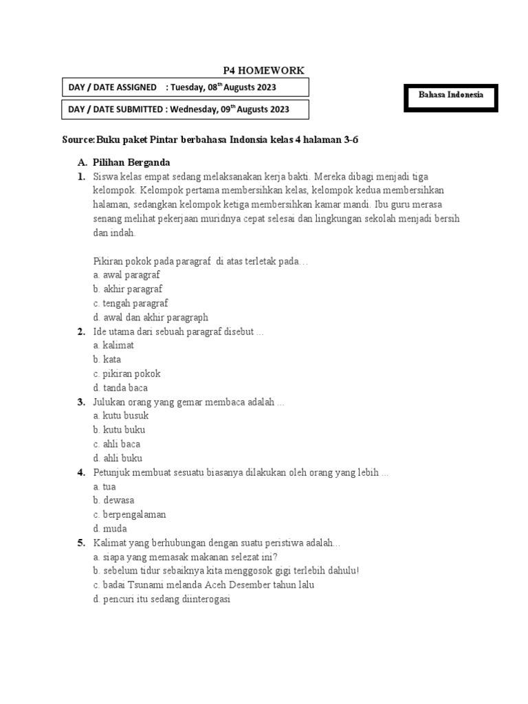 p4 HW Bahasa Lessons (07-11 Agustus 2023) | PDF | Seni & Disiplin Bahasa