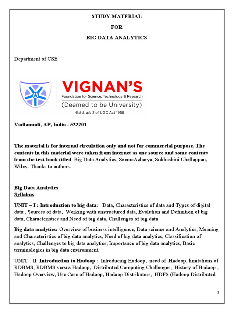 Big Data Analytics Notess Pdf Apache Hadoop Map Reduce