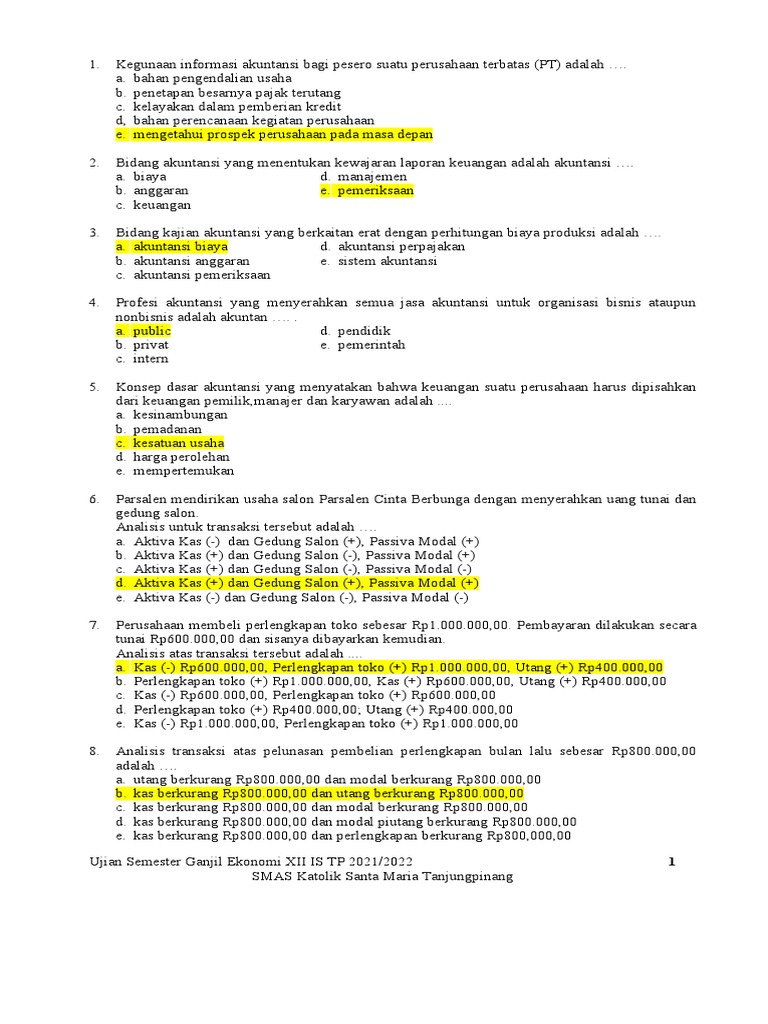 Soal PAS Ganjil 2022 Latihan Soal Ekonomi Kelas XII - Jawaban | PDF | Bisnis | Pengelolaan ...
