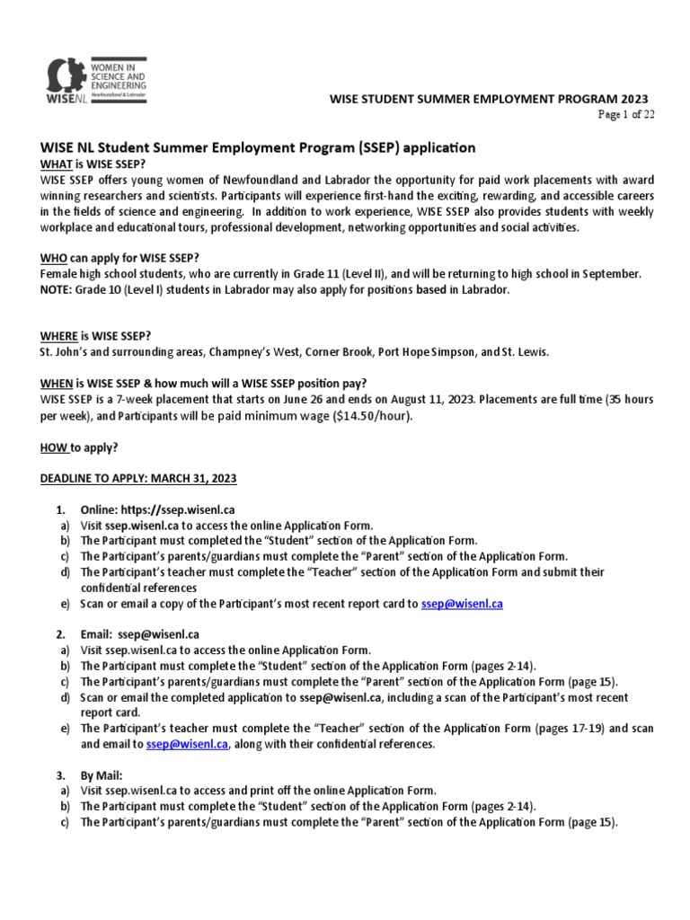 WISE NL Student Summer Employment Program Application 2023 | PDF