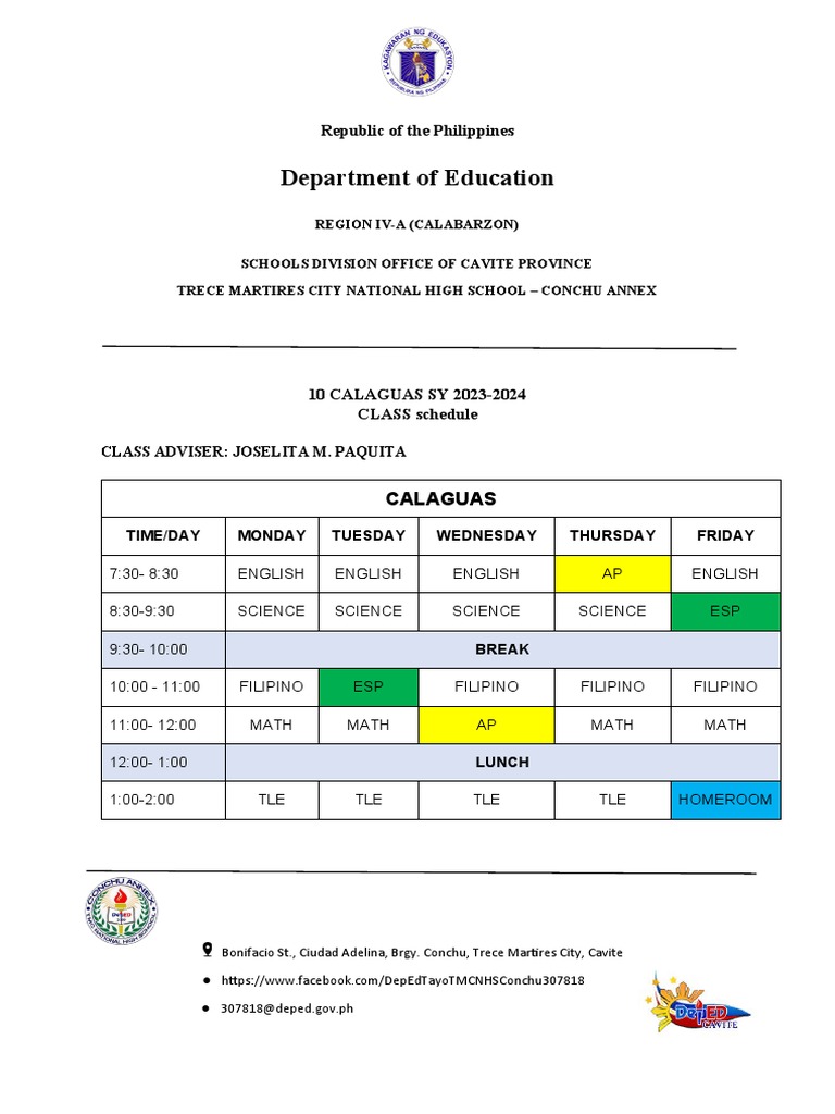 New-Class-Schedule 2023 Calaguas | PDF