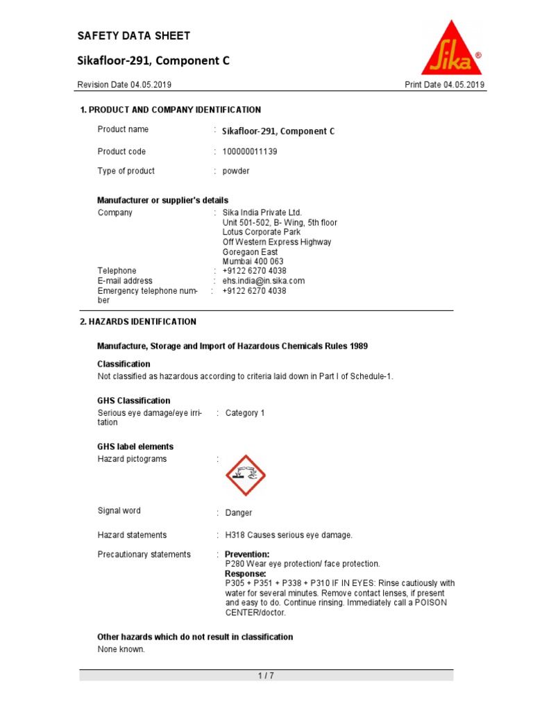 Safety Guide for Sikafloor-291 | PDF | Workplace | Working Conditions