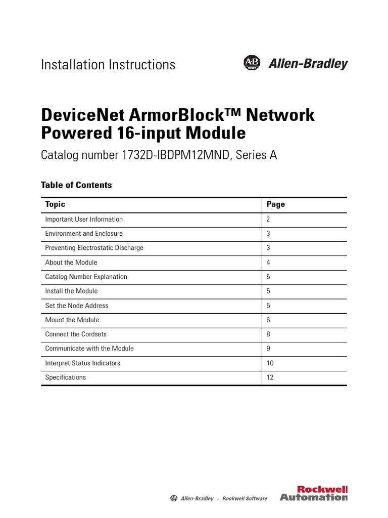 Devicenet Armorblock™ Network Powered 16-Input Module: Installation ...