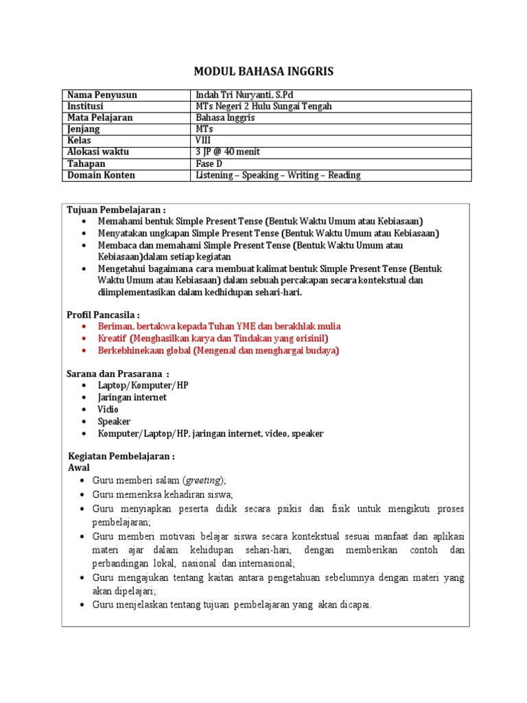 1. MODUL SIMPLE PRESENT TENSE | PDF