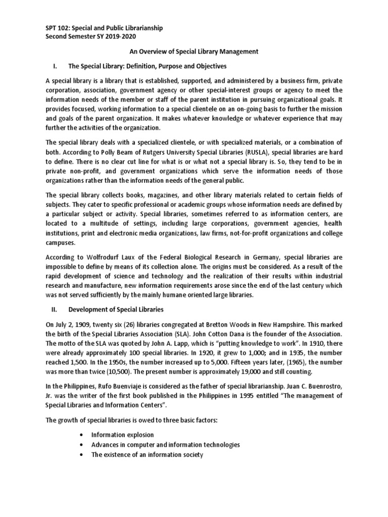 An Overview of Special Library Management | PDF | Libraries