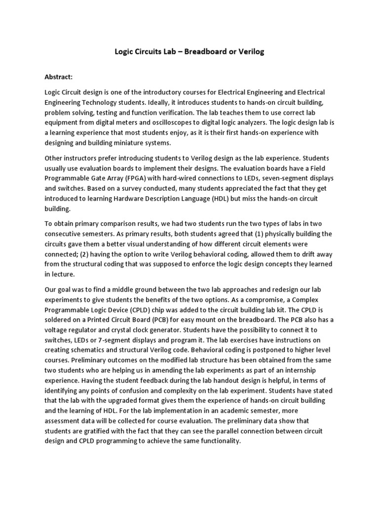 Logic Circuits Lab Breadboard or Verilog | PDF