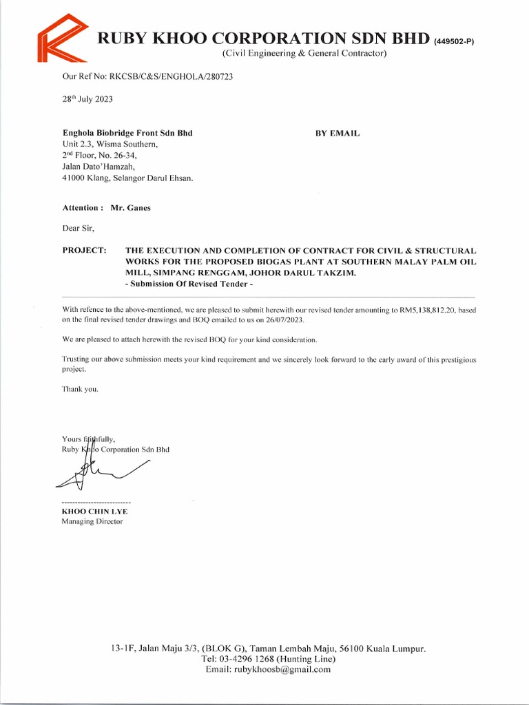 Enghola Final BOQ - 31 Jul 2023 (RK Cover Letter) | PDF