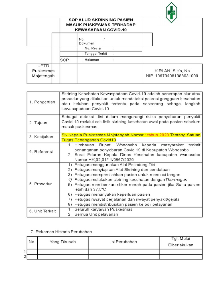 SOP Alur Skrining 2020 | PDF