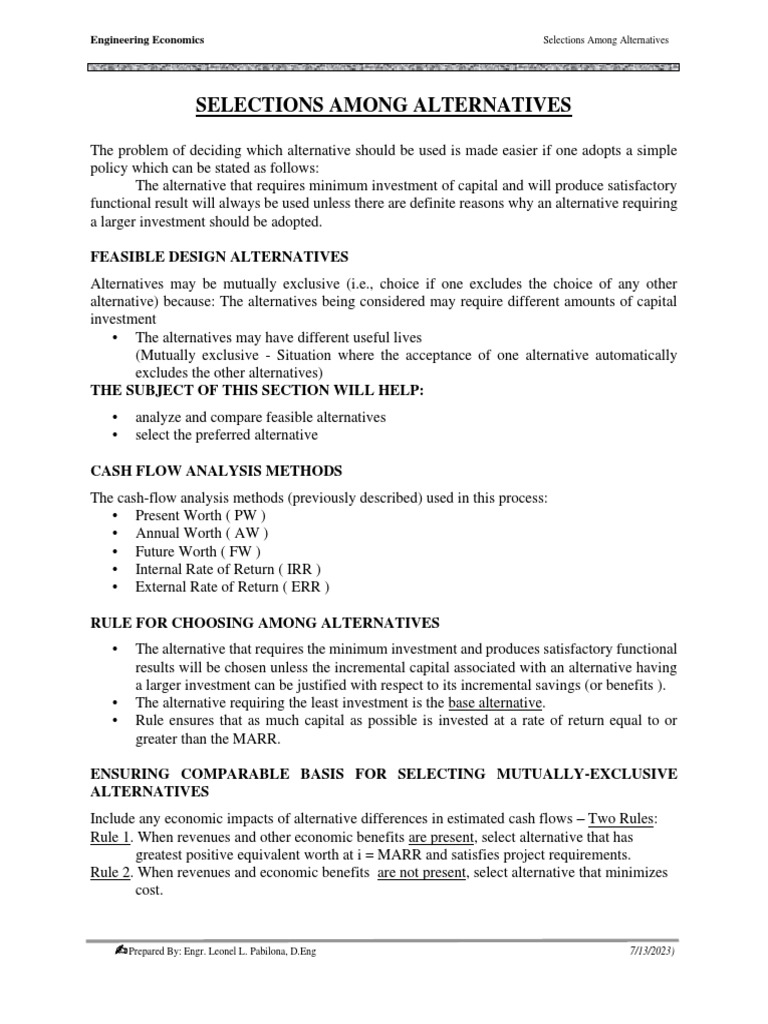 LECTURE 9 Additional Notes Selection Among Alternatives | PDF