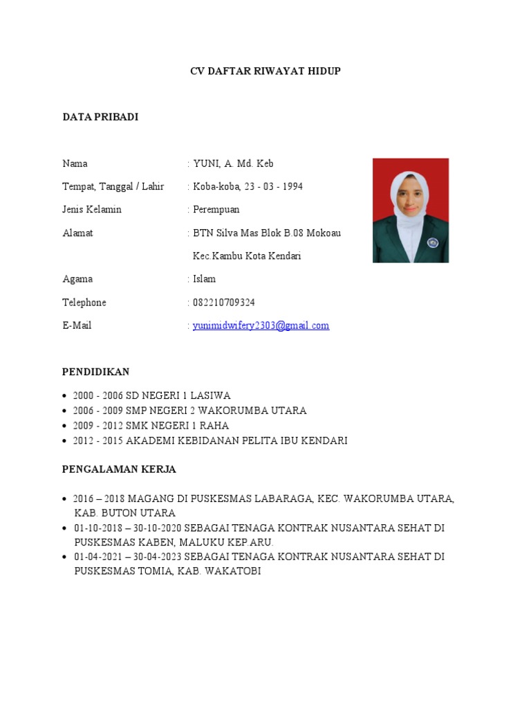 CV Daftar Riwayat Hidup. Yuni | PDF