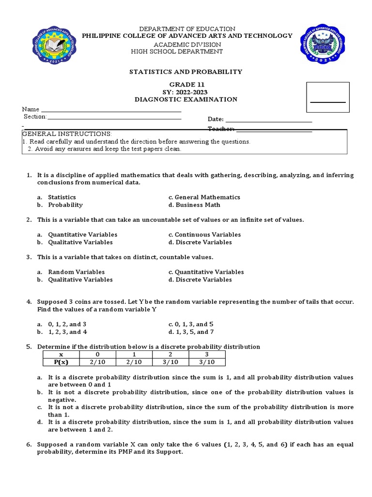 Statistics and Probability - Diagnostic Exam | PDF | Probability ...
