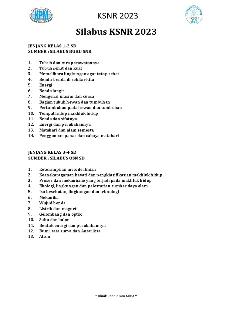 Silabus KSNR 2023 SD | PDF