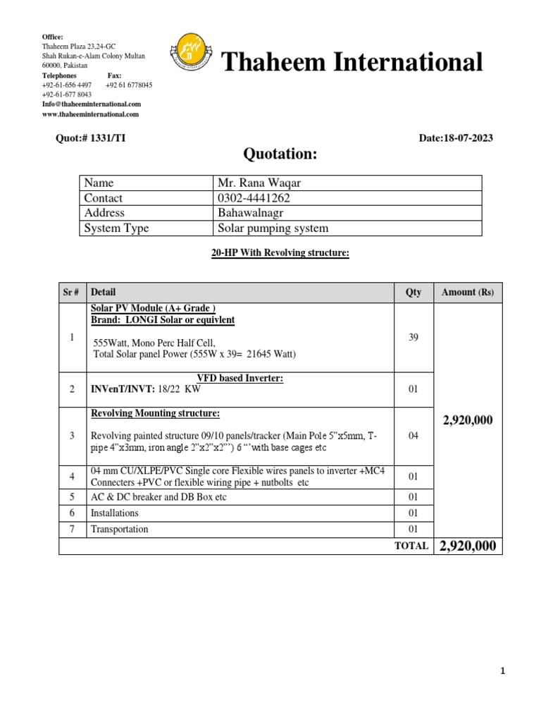 20-HP Solar Pumping System | PDF | Solar Panel | Photovoltaics