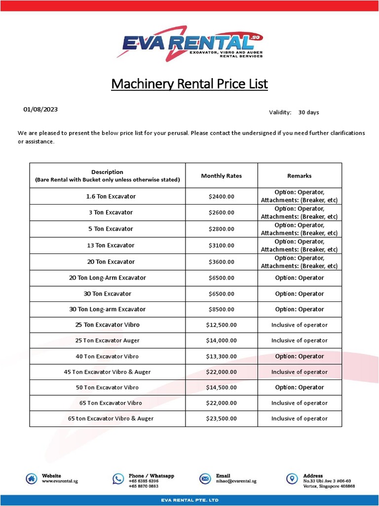 EVA Rental Equipment Price List - August 2023 | PDF | Crane (Machine ...
