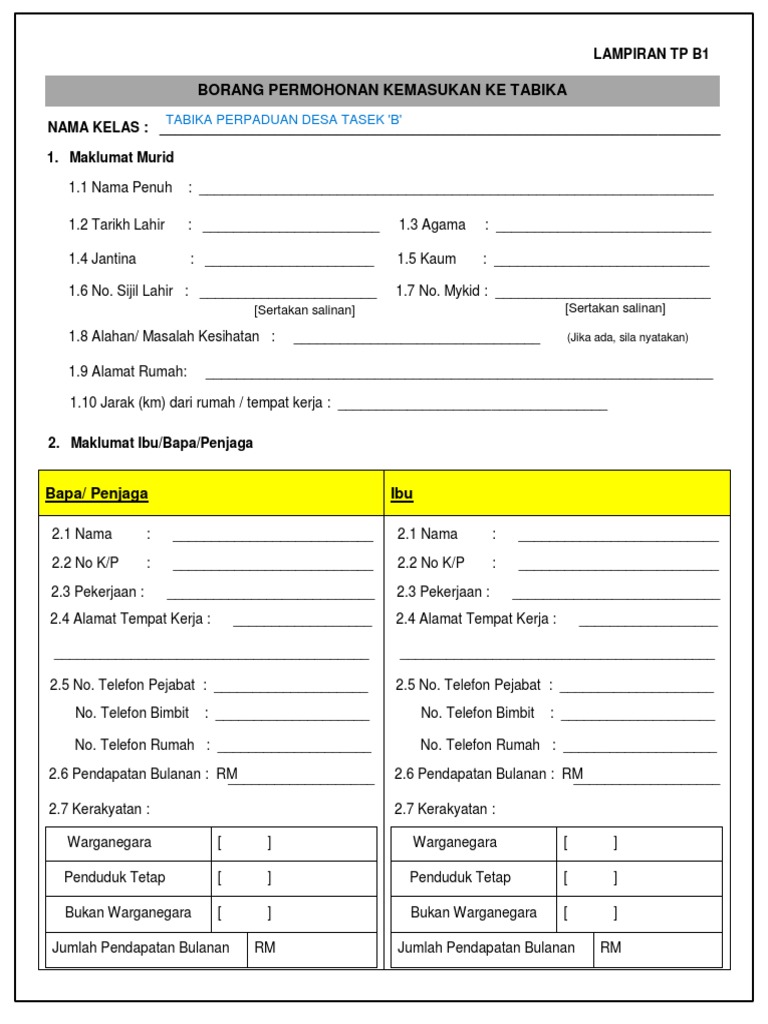 Borang Permohonan Kemasukan Ke Tabika (Lampiran TP B1) | PDF