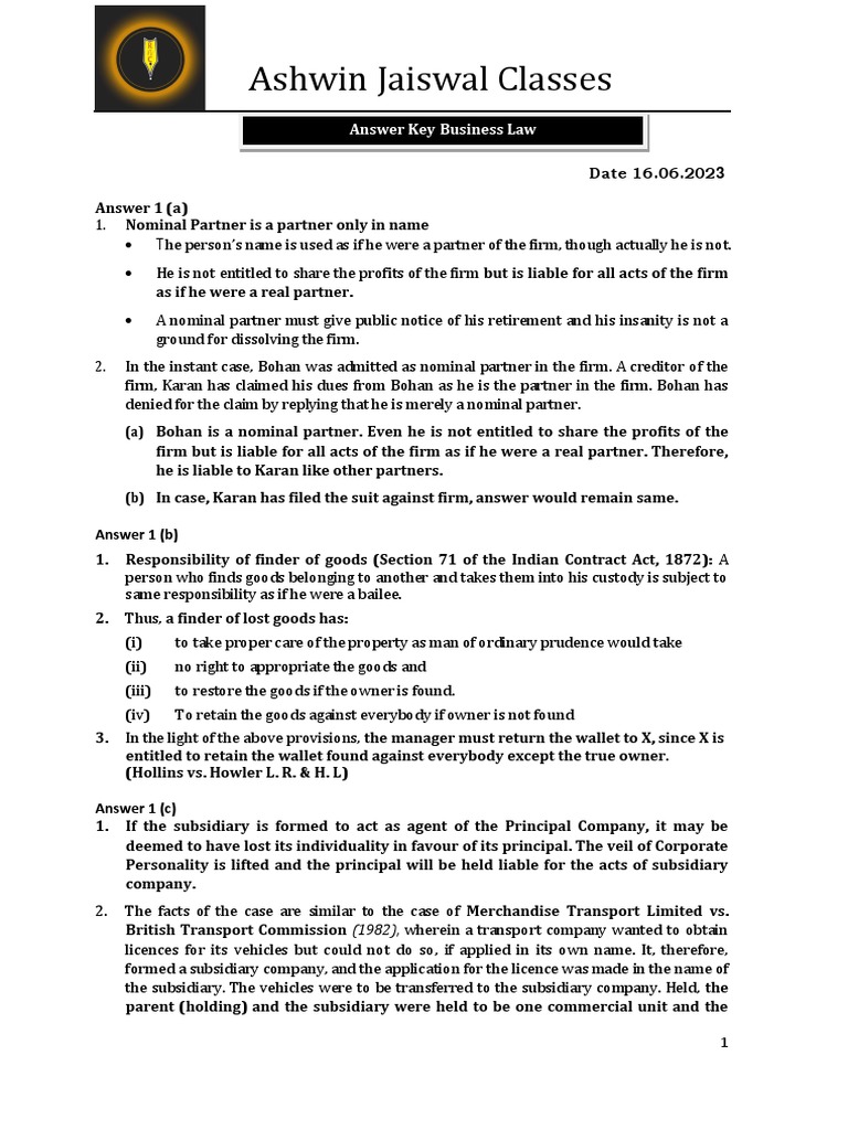 CA Foundation Business Law Answer Key | PDF | Communication | Limited ...