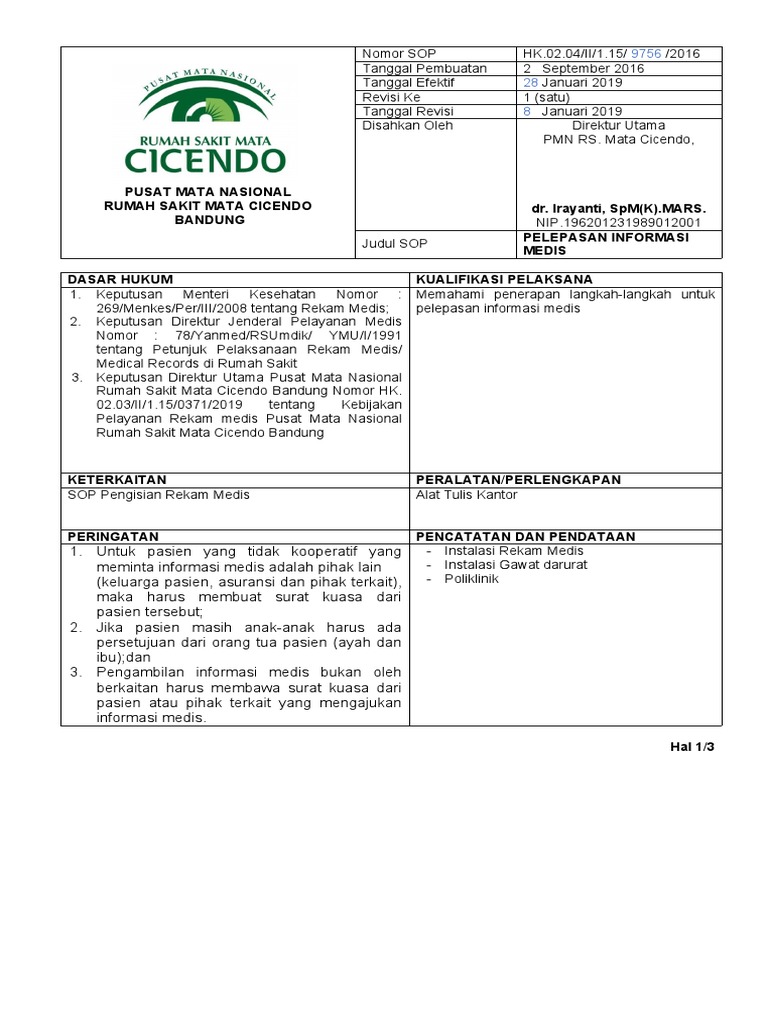 SOP AP Pelepasan Informasi Medis 2019 | PDF
