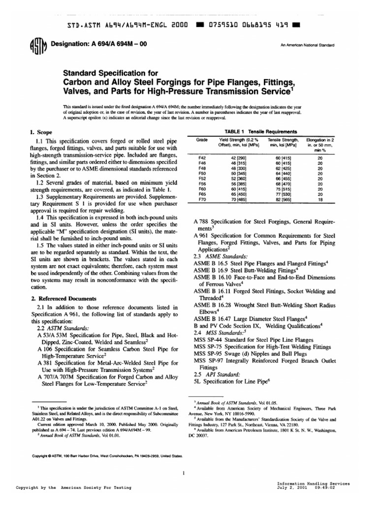 ASTM A 694 A694M - Standard Sepecification For Carbon and Alloy Steel ...