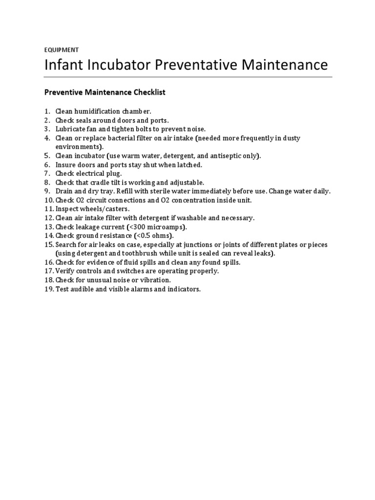 Infant Incubator Maintenance Checklist | PDF