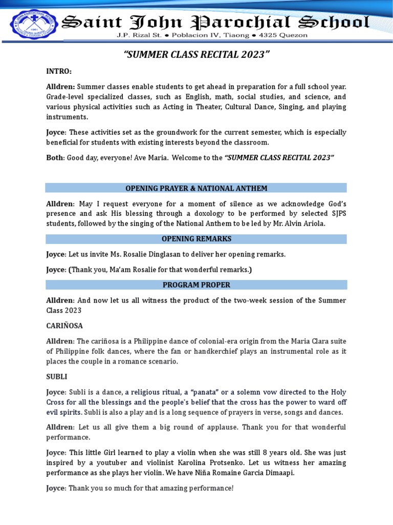 Summer Class Recital 2023 Script | PDF | Art