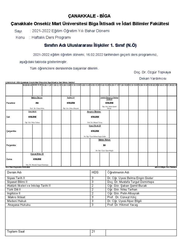 955 2021 2022 Bahar Donemi Ders Programi | PDF