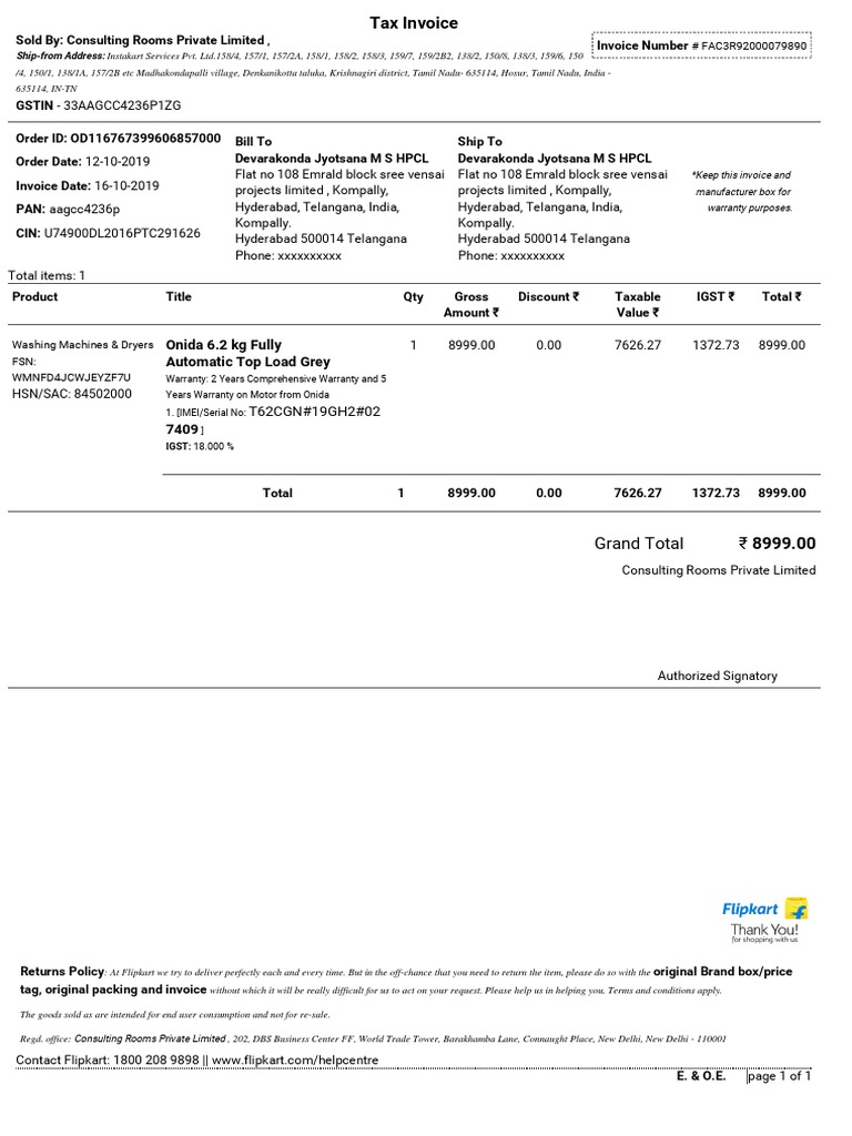 Washing Machine Bill | PDF