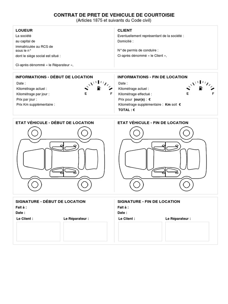 Modele Contrat De Pret De Vehicule Gratuit