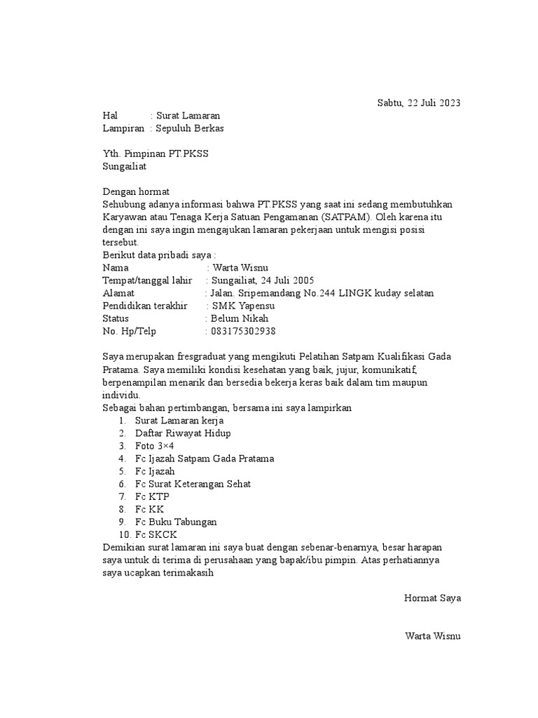 Surat Lamaran PT PKSS | PDF