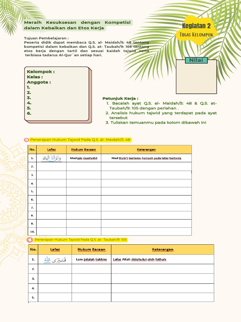 LKPD Qur'an Hadis Berbuat Kebaikan Dan Etos Kerja Pertemuan 2 | PDF