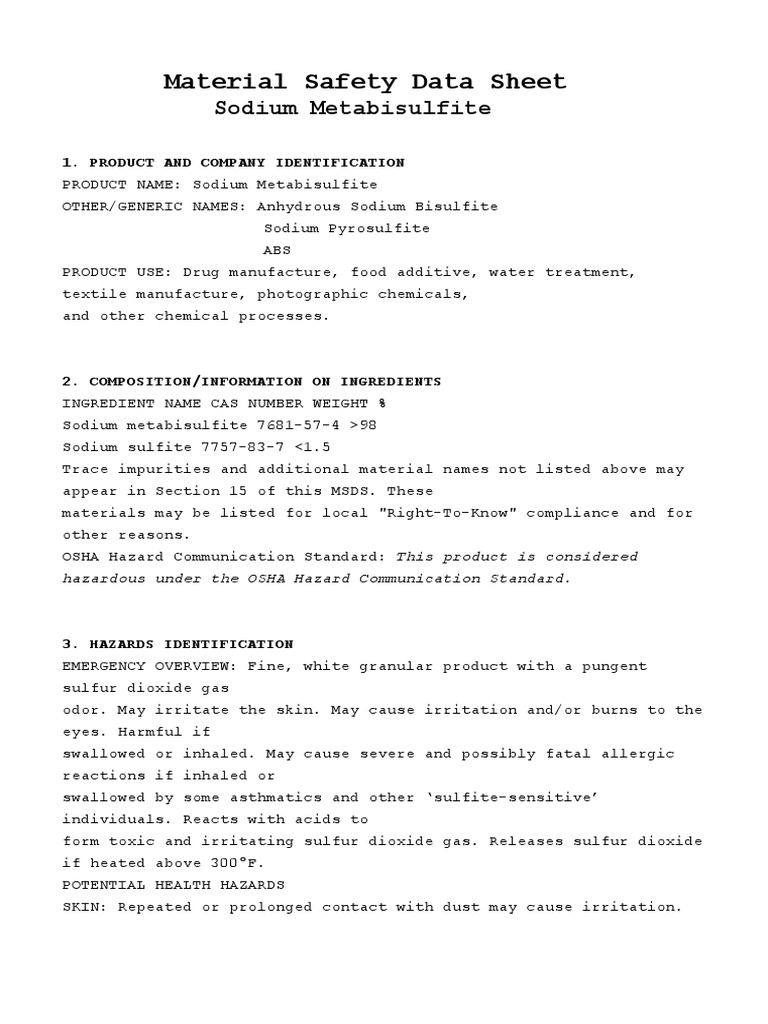 Msds Sodium Metabisulfite Pdf Chemical Compounds Chemistry