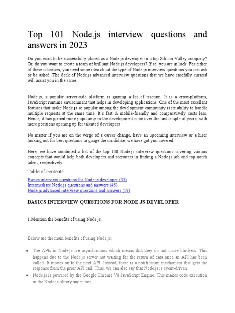 Top 101 Node - Js Interview Questions and Answers in 2023 | PDF | Java Script | Software