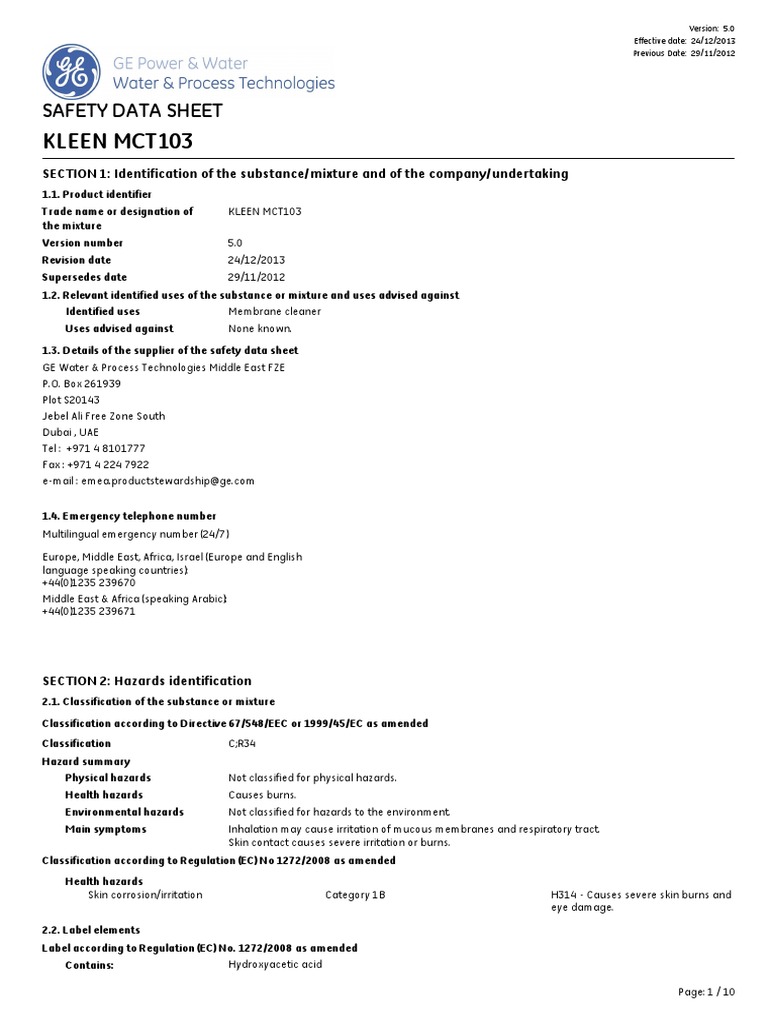 KLEEN MCT103 Safety Data Sheet | PDF | Dangerous Goods | Toxicity