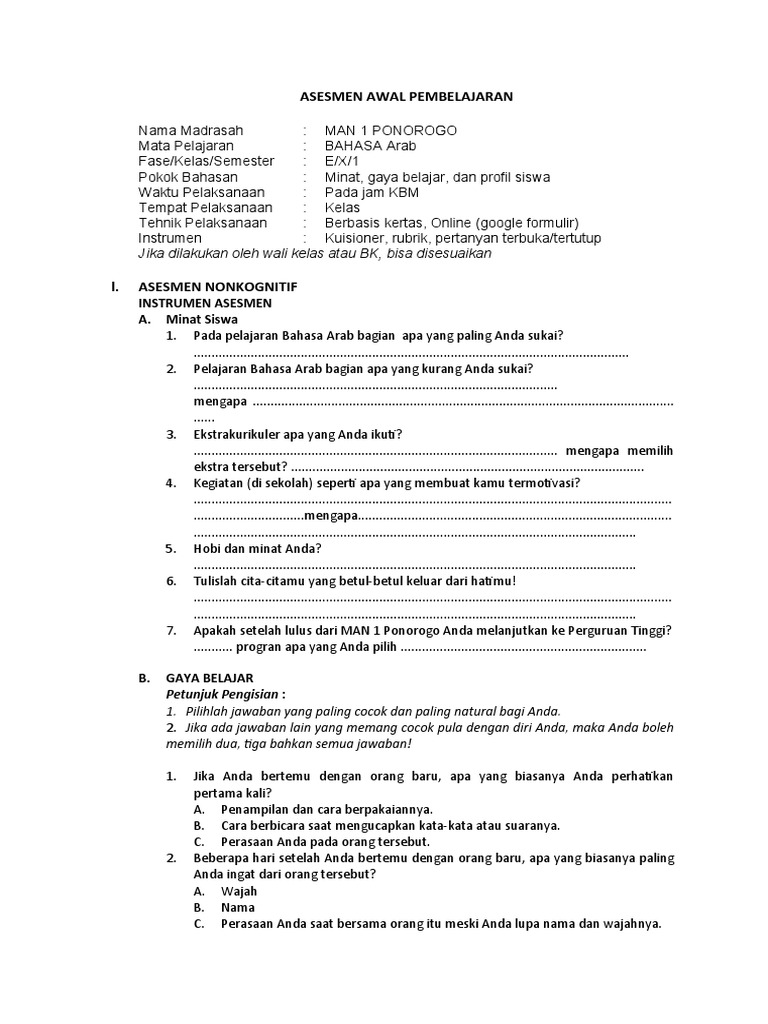 Asesmen Awal Pembelajaran Bar Wajib X | PDF | Seni & Disiplin Bahasa