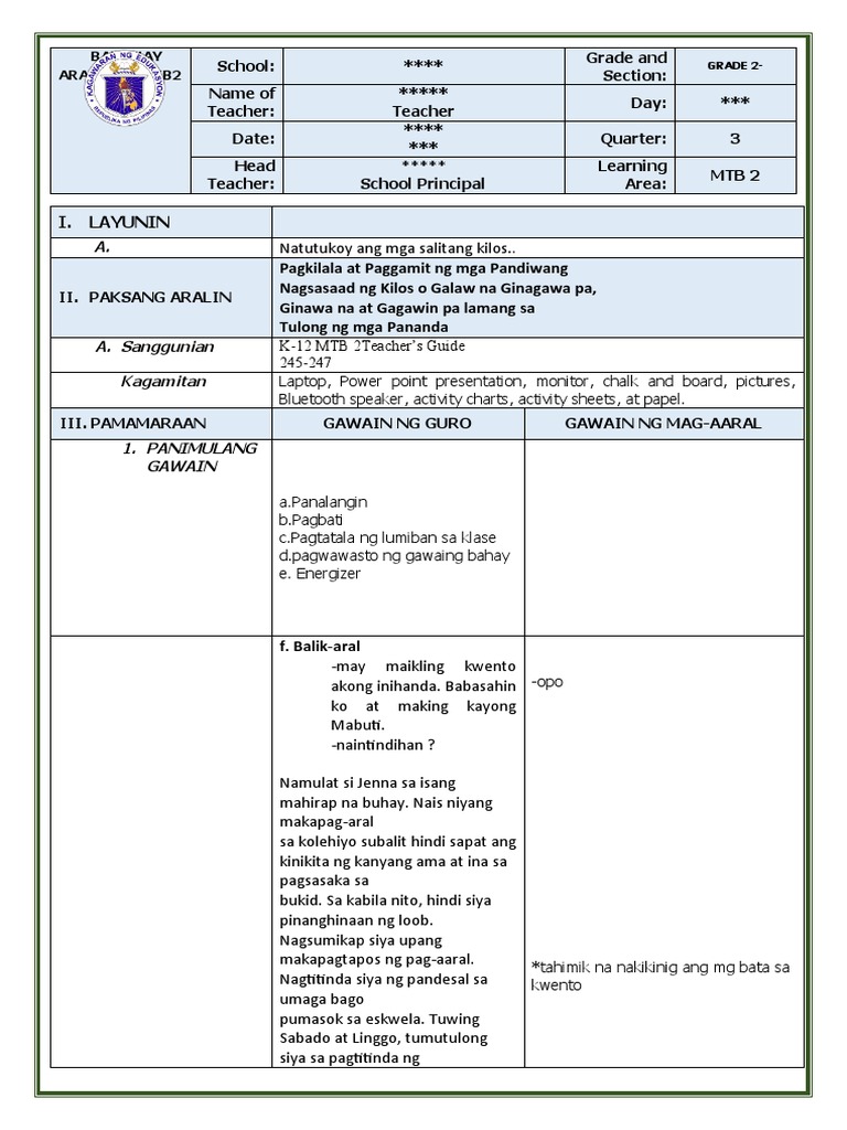 Q3. MTB M.2 Pandiwang Nagsasaad NG Kilos | PDF