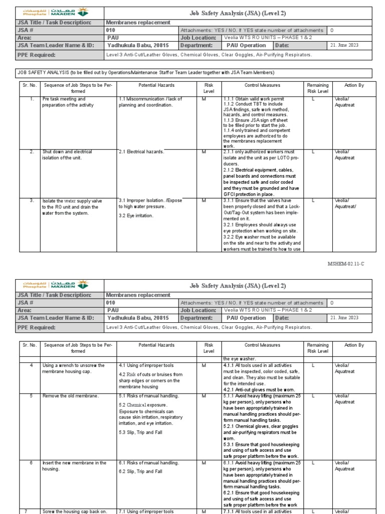 010 JSA - Veolia - RO Units Membranes Replacement | PDF | Personal ...
