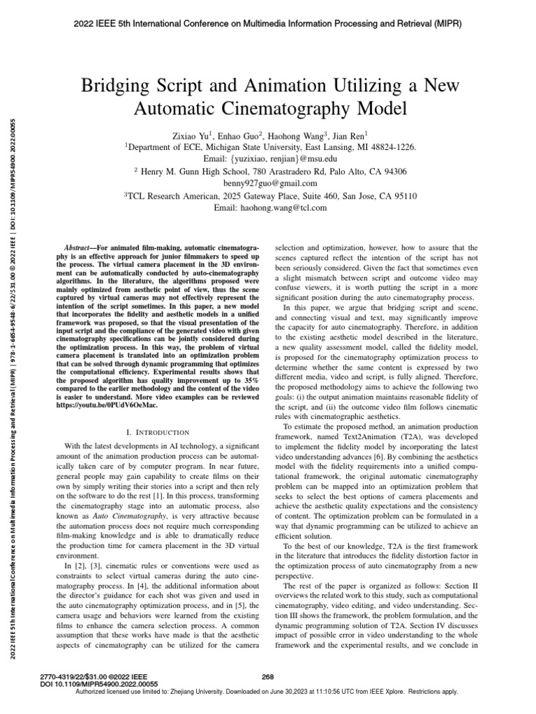 Bridging Script and Animation Utilizing A New Automatic Cinematography Model | PDF ...