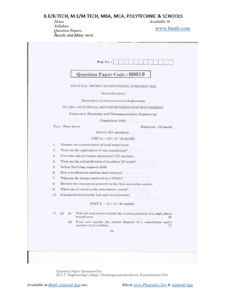 BE 3254 Electrical and Instrumentation Engineering | PDF