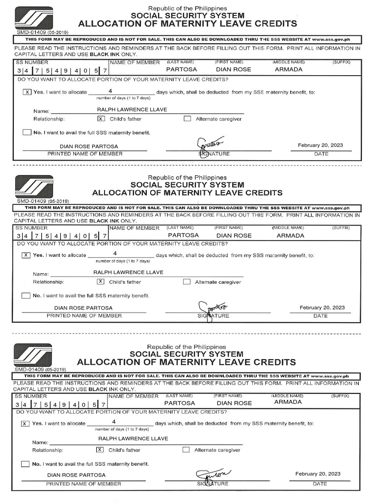 SSS 7 Days Maternity Leave Allocation Form | PDF
