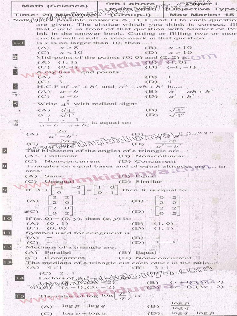 Past Papers 2018 Lahore Board 9th Class Mathematics Group I Objective ... Past Papers 2018 Lahore Board 9th Class Mathematics Group I Objective ...