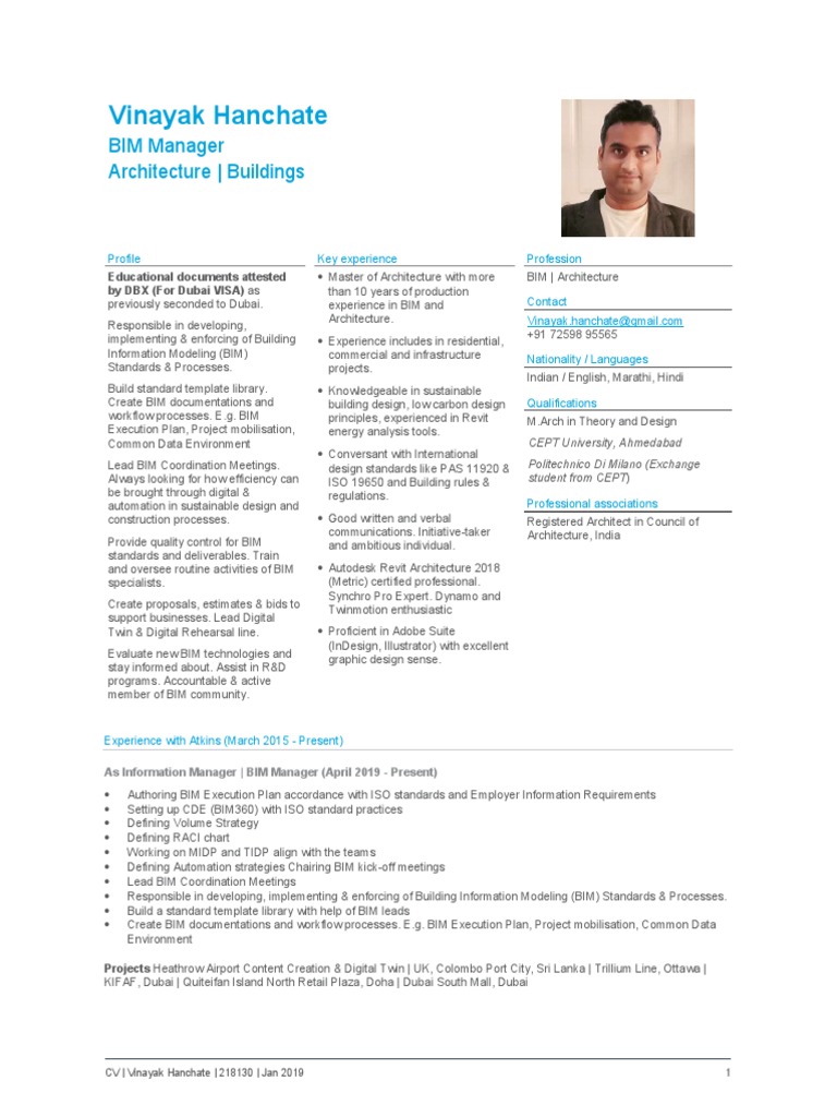 Mr. Vinayak Hanchate - CV BIM PDF | PDF | Building Information Modeling ...